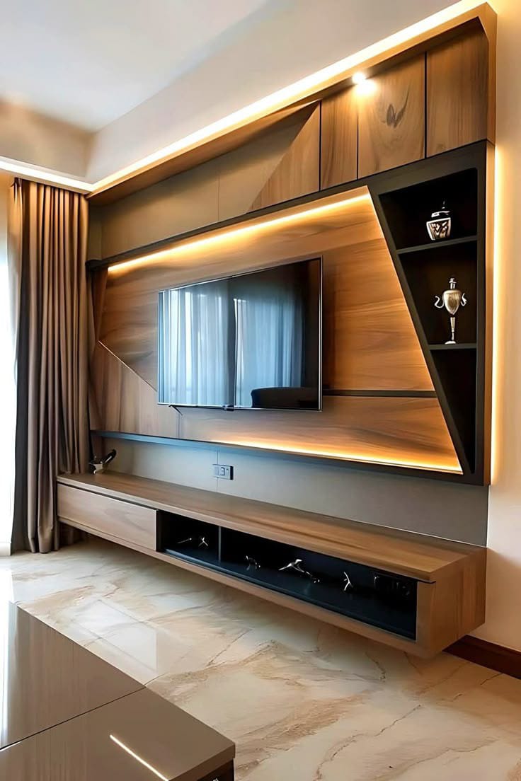 MODERN WOODEN LED TV UNIT WITH STORAGE & DISPLAY SHELVES